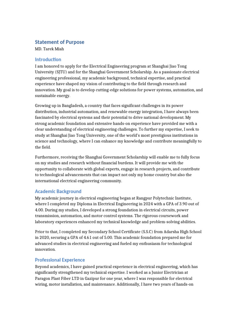 Statement of Purpose Tarek Miah 1100 Words | PDF | Engineering | Automation