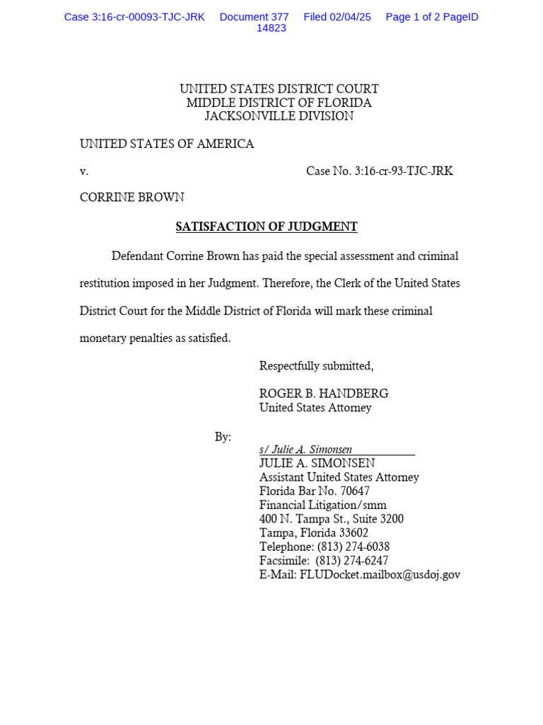 Corrine Brown Satisfaction of Judgement | PDF