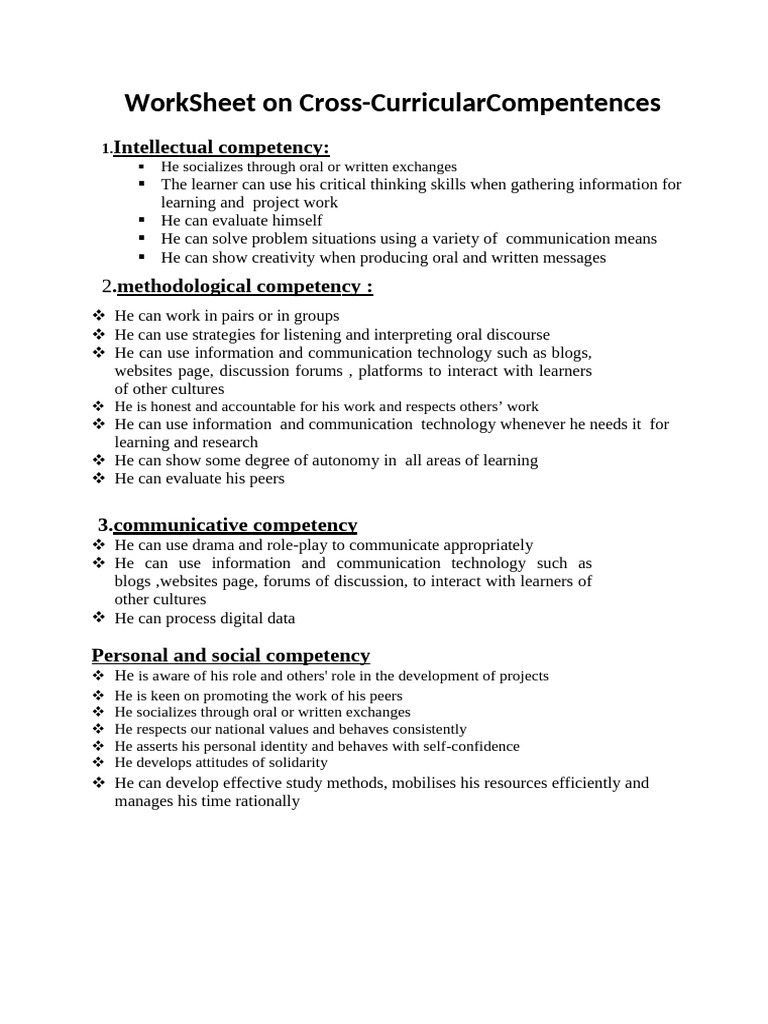 WorkSheet-on-Cross-CurricularCompentences | PDF