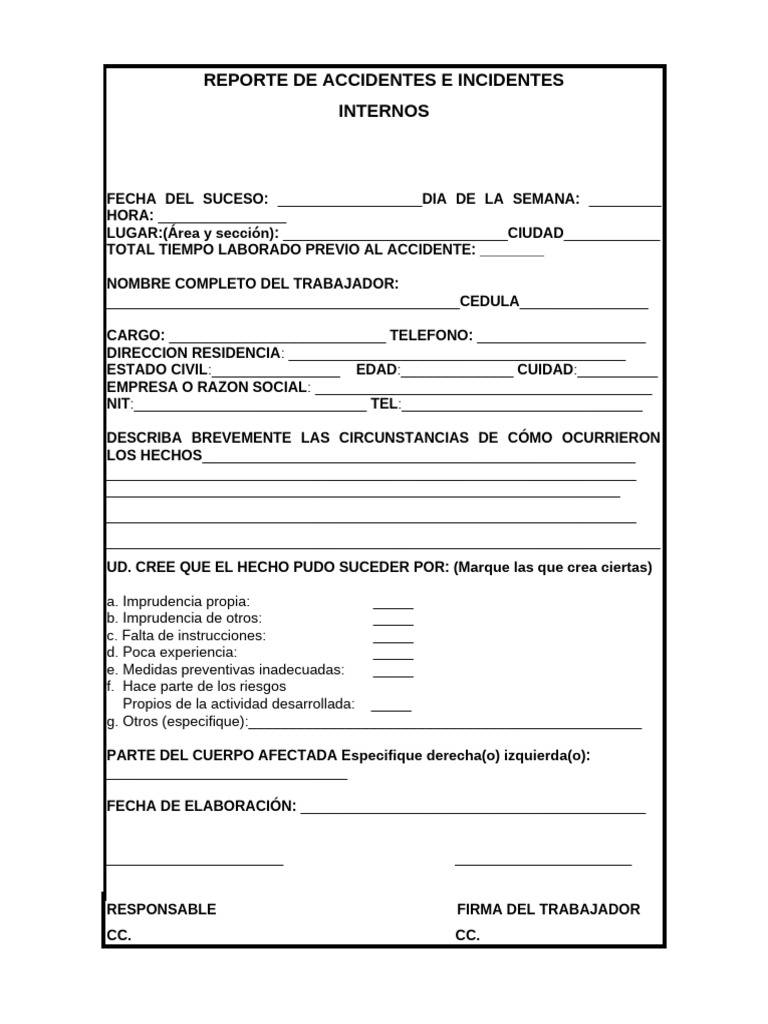 Formato de Reportes de Accidentes e Incidentes Internos | PDF