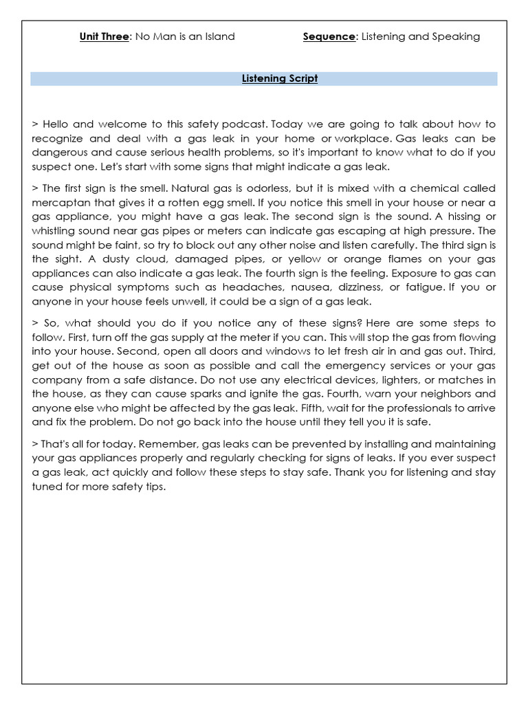 Listening Script - Safety Measures During A Disaster | PDF | Leak