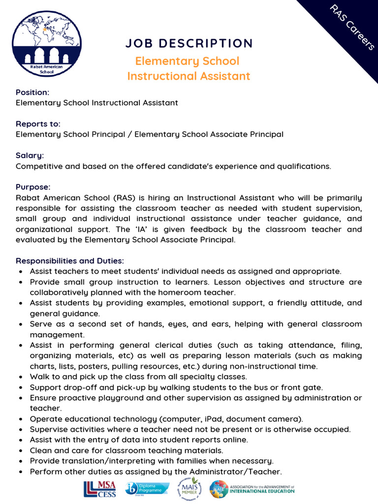 Elementary School Instructional Assistant Job | PDF | Teachers | Human ...