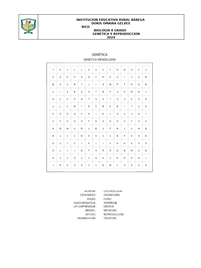 Sopa de Letras 8 Grado Genética y Reproducción 2024 | PDF