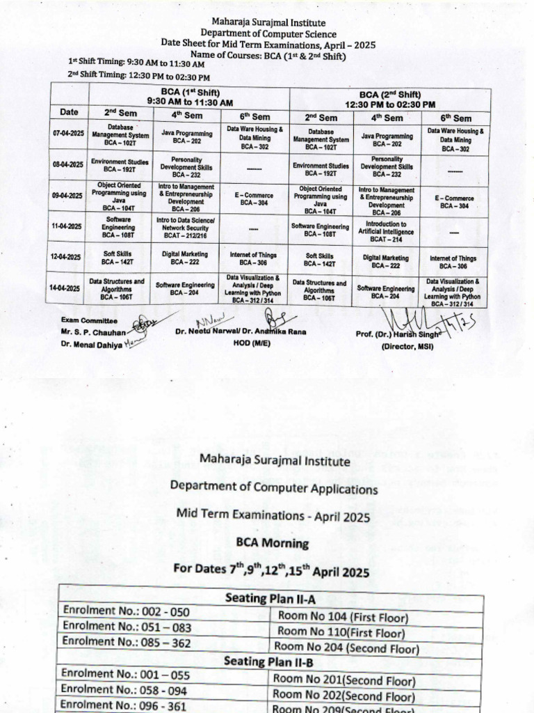 Date Sheet Mid Term, April 2025, BCA | PDF