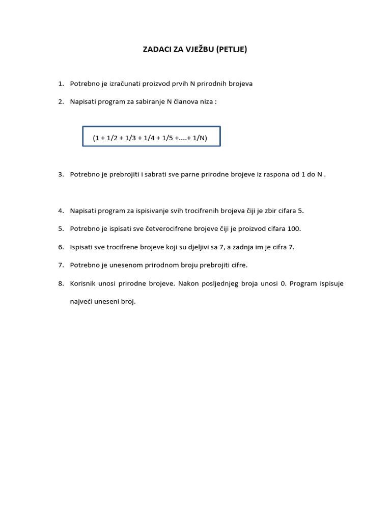 Zadaci Za Vježbu (Petlje) | PDF