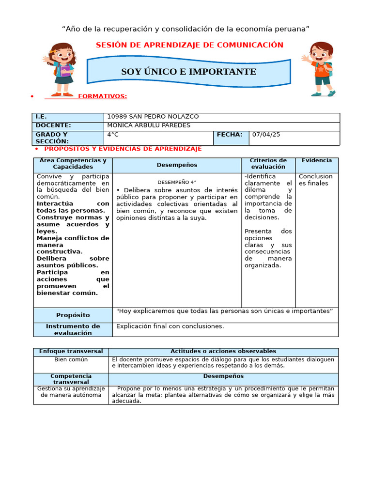 Sesion Personal Somos Unicos e Importantes | PDF | Evaluación | Aprendizaje