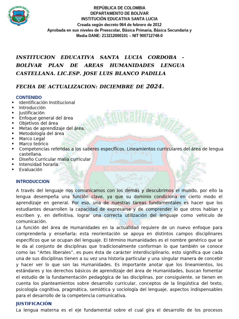 PLAN DE AREAS CASTELLANO 6° A 11° ACTUALIZADO 2024 | PDF | Educación de la primera infancia ...