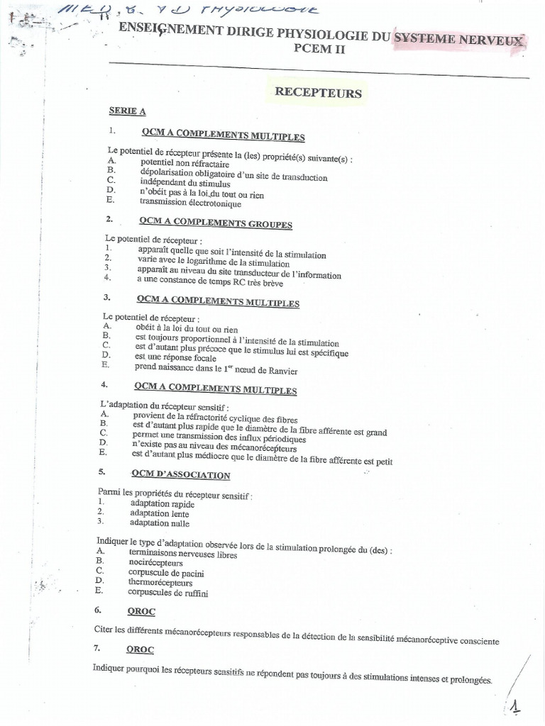 Correction TD-PHYSIO - SYSTEME NERVEUX - MED L2-1 | PDF