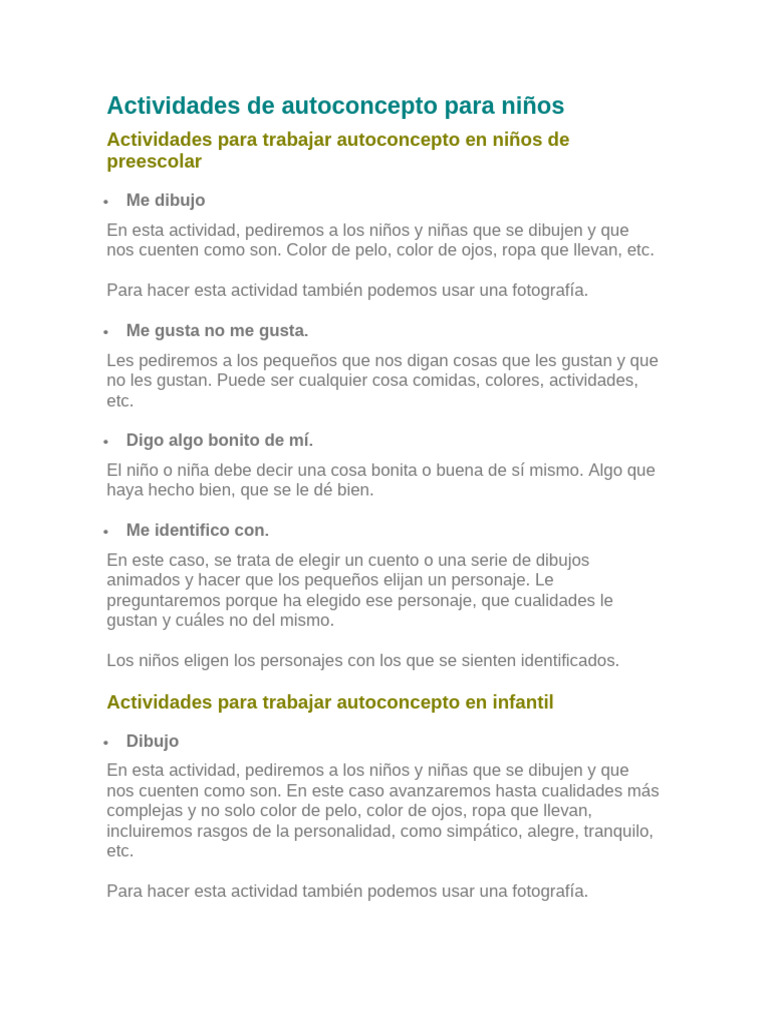 Actividades de Autoconcepto para Niños | PDF