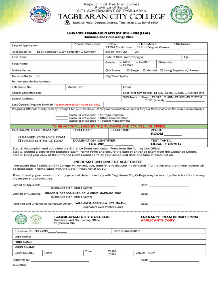 Tagbilaran City College Exam Application Form | PDF