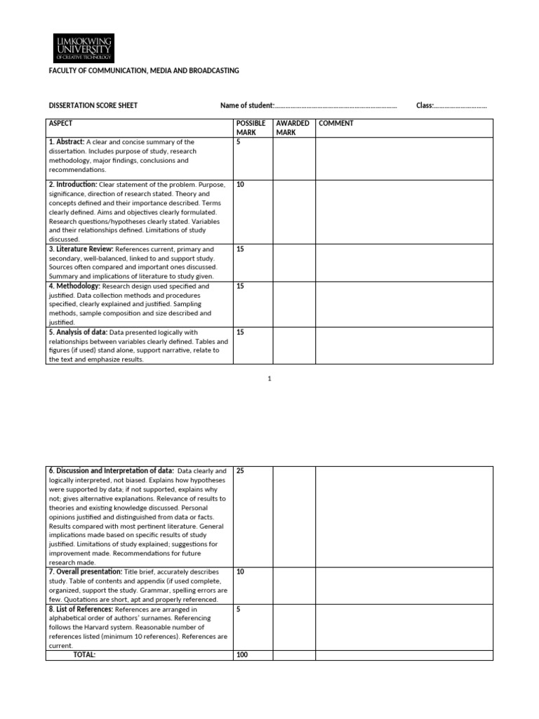 Dissertation Score Sheet | PDF | Data | Methodology