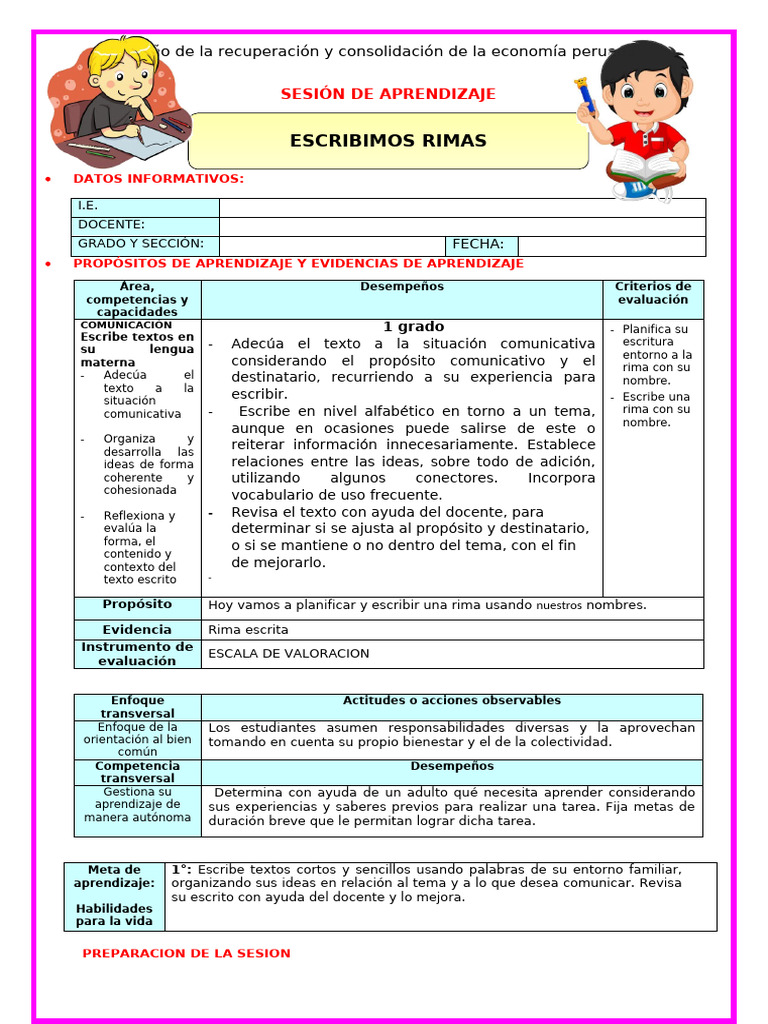 1º U1 s1 Sesion d3 Com Escribimos Rimas Con Nuestros Nombres Maestras de Primaria Del Peru | PDF ...