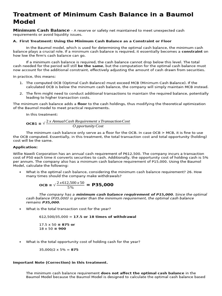 Treatment of Minimum Cash Balance in A Baumol Model | PDF | Opportunity ...