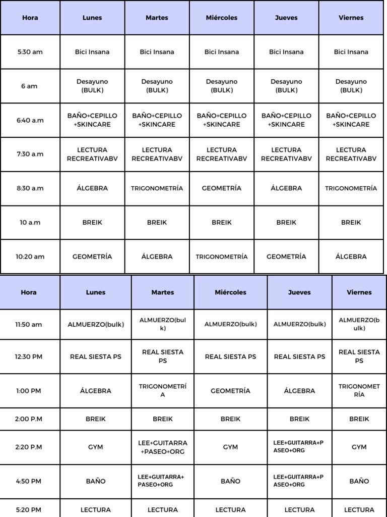 Purple White Minimalist Class Schedule Worksheet | PDF | Comida ...