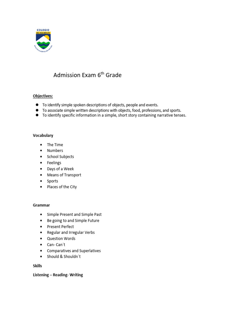 Admission Exam 6th Grade | PDF