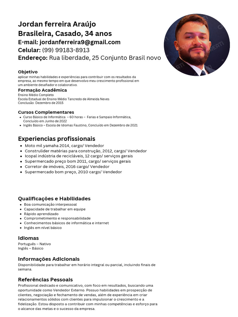 Currículo de Vendedor Externo Jordan Araújo | PDF