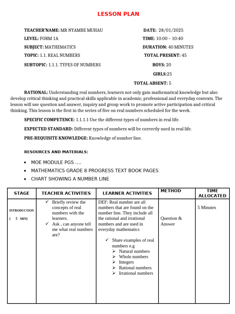 CBC Lesson Plan 2025 Maths - 042536 | PDF | Real Number | Lesson Plan