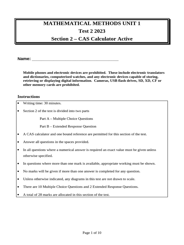 2023 Test 1 Unit 1 Paper 2 Vce Methods | PDF | Function (Mathematics ...