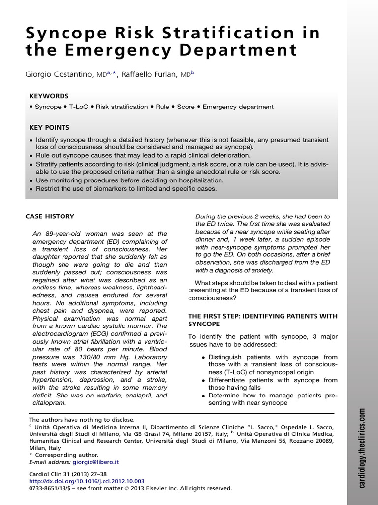 Syncope Risk Stratification in The Emergency Department, CLIN CARD 2013 ...