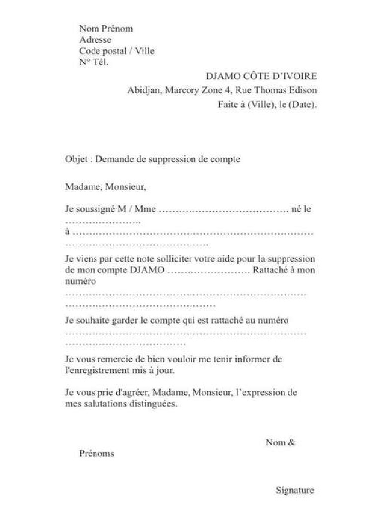 Lettre de Suppression de Compte | PDF