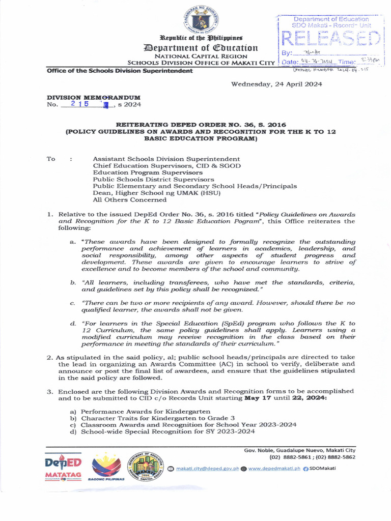 DM 215 Reiterating Deped Order No. 36, S. 2016 (Policy Guidelines On Awards and Recognition For ...
