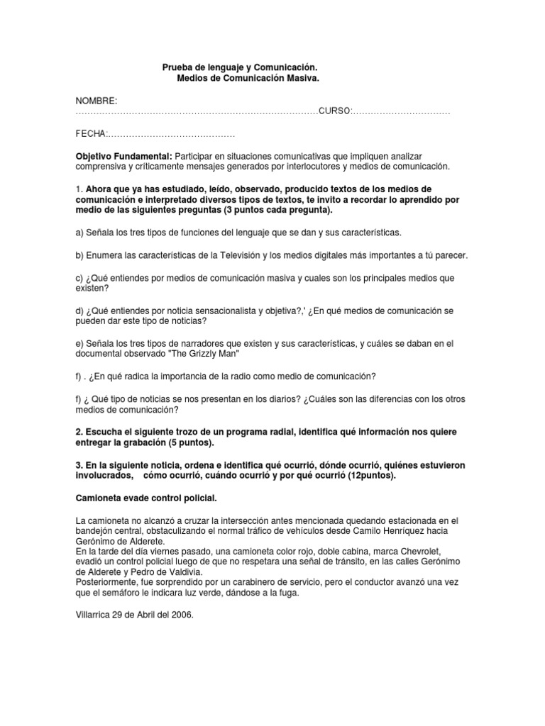 Prueba de Lenguaje y Comunicación | PDF | Medios de comunicación) | Radio