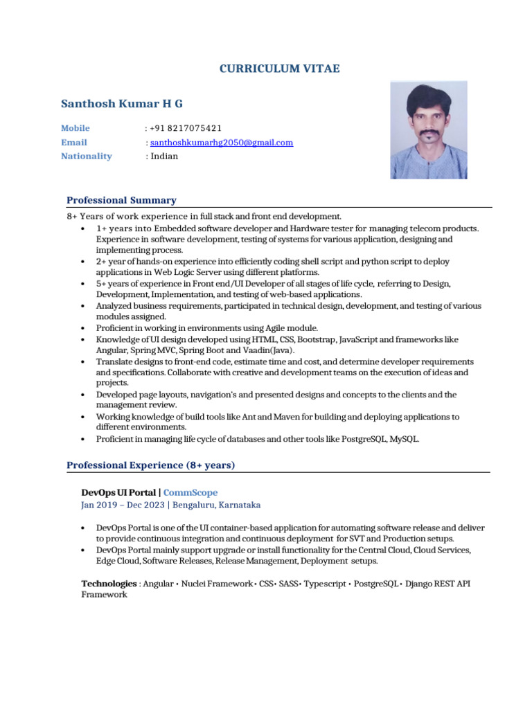 Full Stack Developer CV - Santhosh Kumar | PDF | Scripting Language | Software Development
