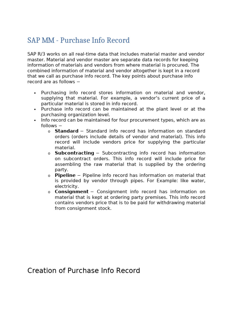SAP MM - Purchase Info Record | PDF
