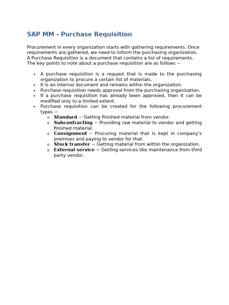 SAP MM - Purchase Requisition | PDF | Service Industries | Procurement