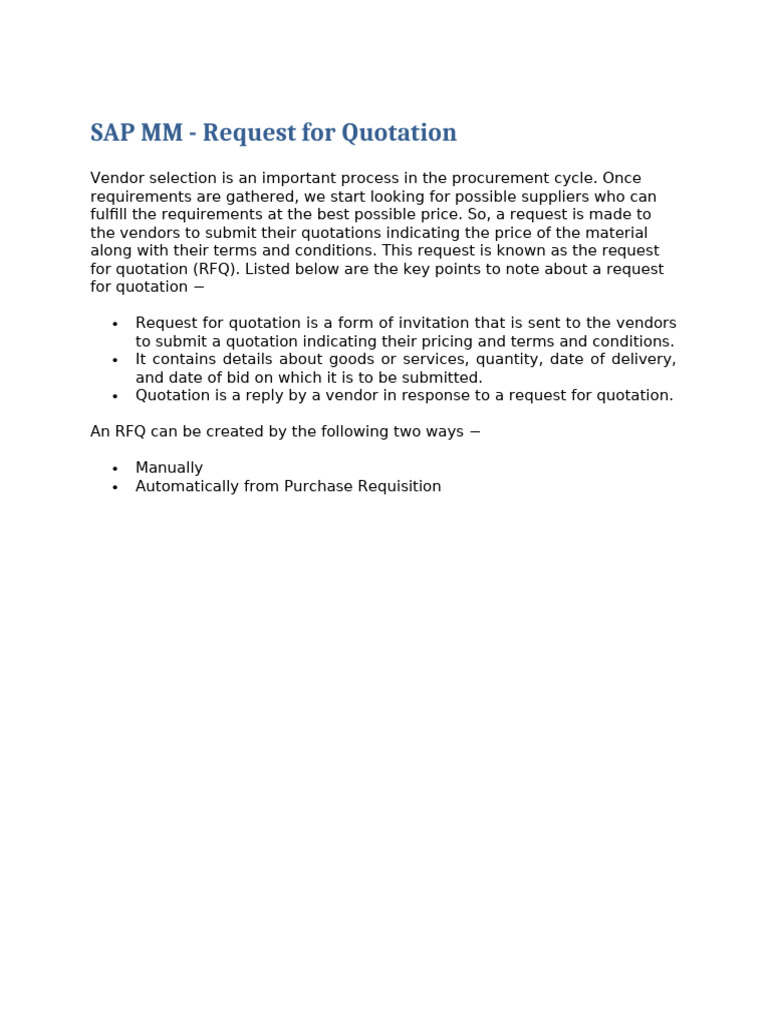 SAP MM - Request For Quotation | PDF