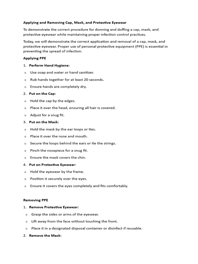 Applying and Removing Cap | PDF | Hand Washing | Hygiene