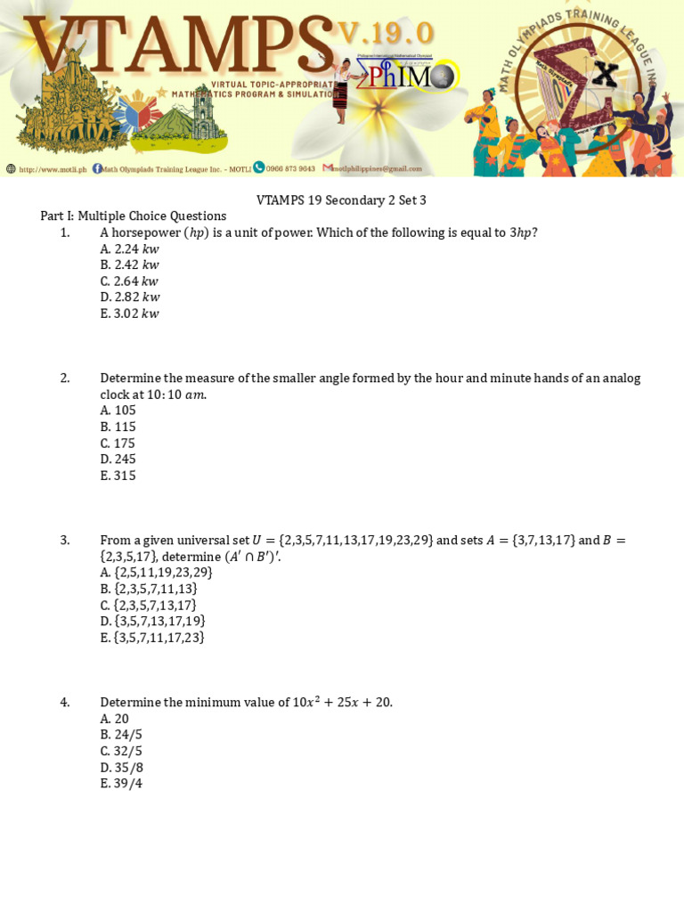 VTAMPS 19 Secondary 2 Set 3 | PDF | Odds | Numbers