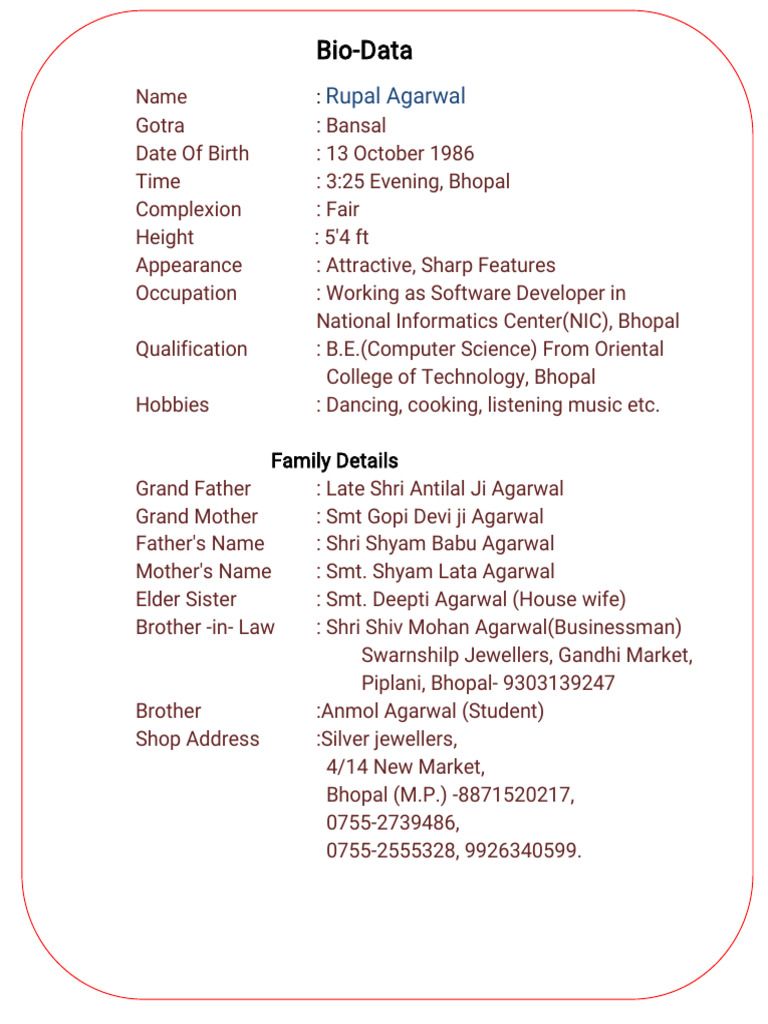 Rupal Agarwal Bio-Data Summary | PDF