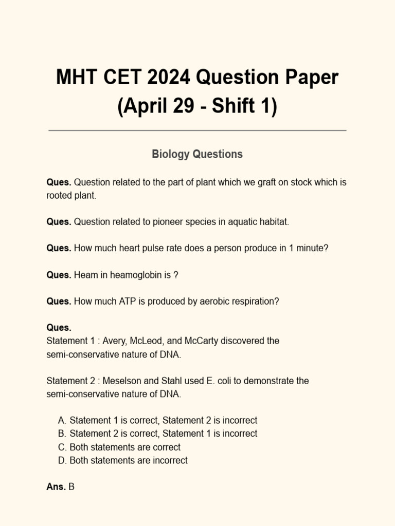 MHT CET 2024 Question Paper - Shift 1 | PDF | Ether | Chemistry