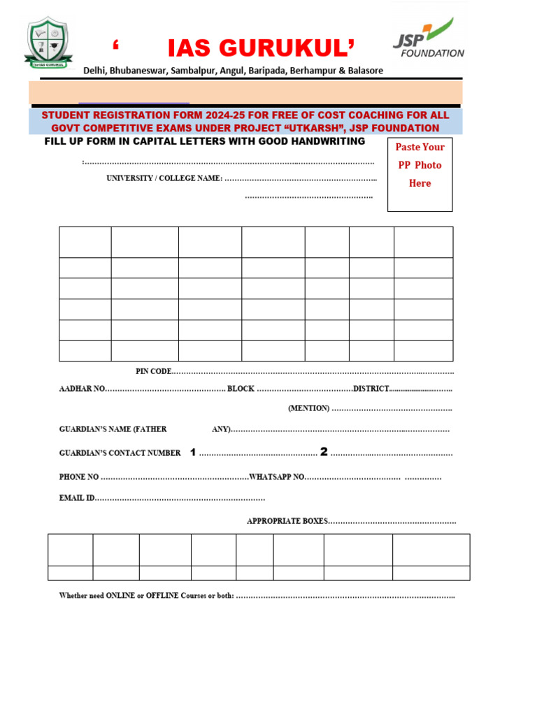 Ias Gurukul JSP Student Registration Form 2024 Utkarsh 1 | PDF ...