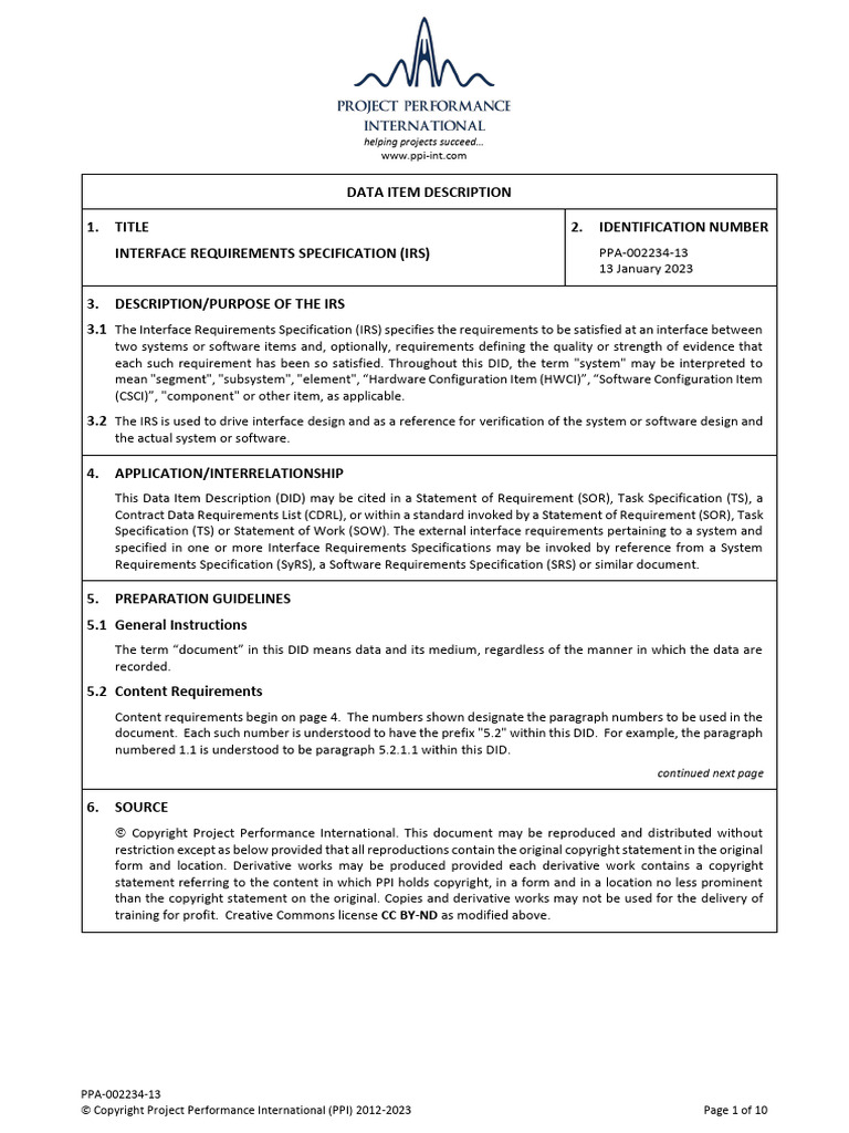 Ppa 002234 13 Ppi Did Irs 230113 2 | PDF | Specification (Technical Standard) | System
