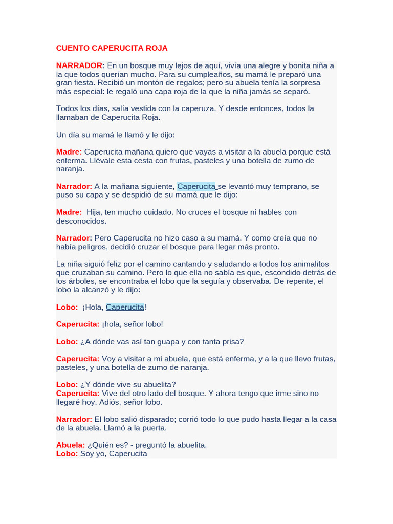 Cuento Caperucita Roja | PDF | Caperucita Roja