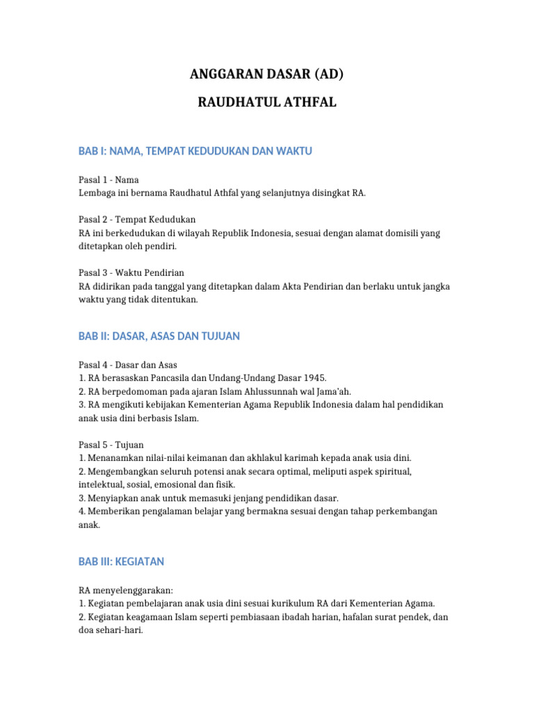 AD ART Raudhatul Athfal Umum | PDF