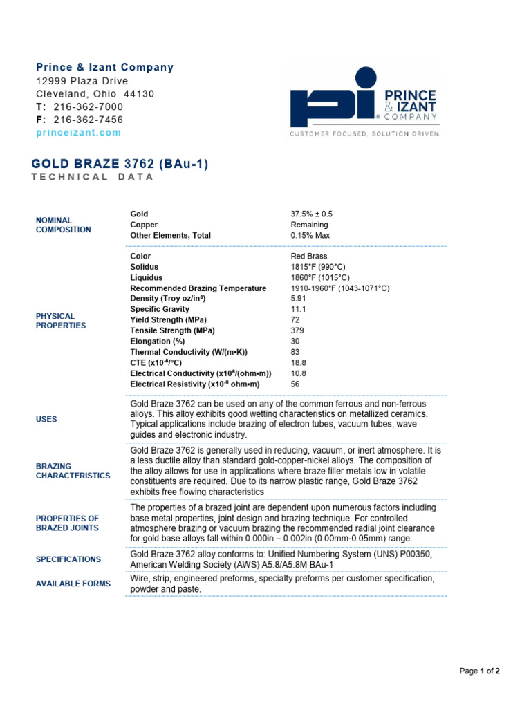 Gold Braze 3762 (BAu-1) | PDF | Electrical Resistivity And Conductivity ...