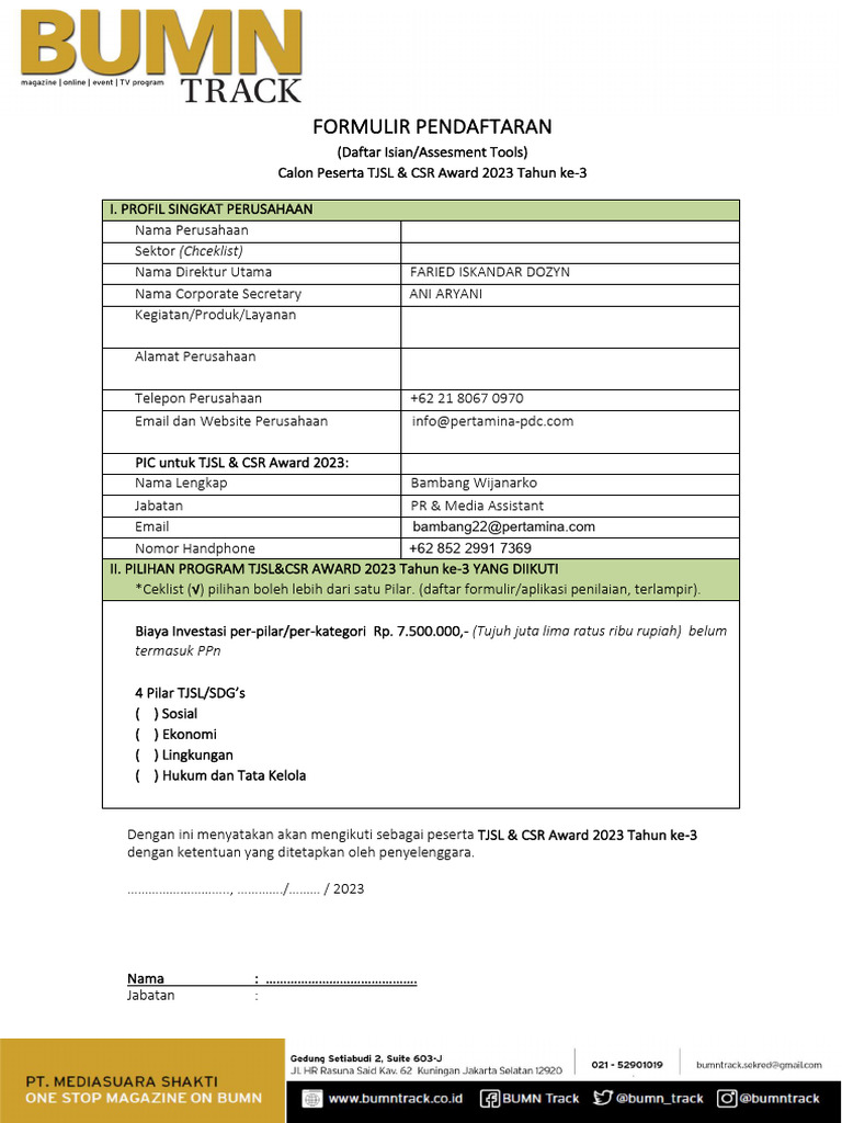 Formulir Pendaftaran TJSL & CSR 2023 | PDF