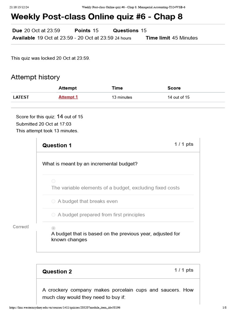 Weekly Post-Class Onlin Quiz #6 - Chap 8 - Managerial Accounting ...
