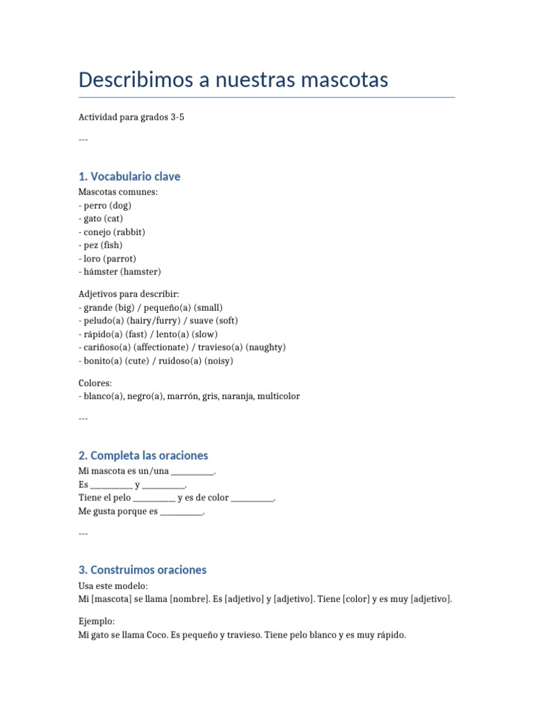 Descripción de Mascotas para Niños | PDF