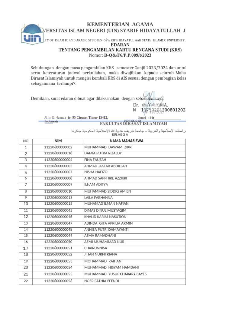 Edaran Dekan Tentang Pengambilan Kartu Rencana Studi (KRS) | PDF