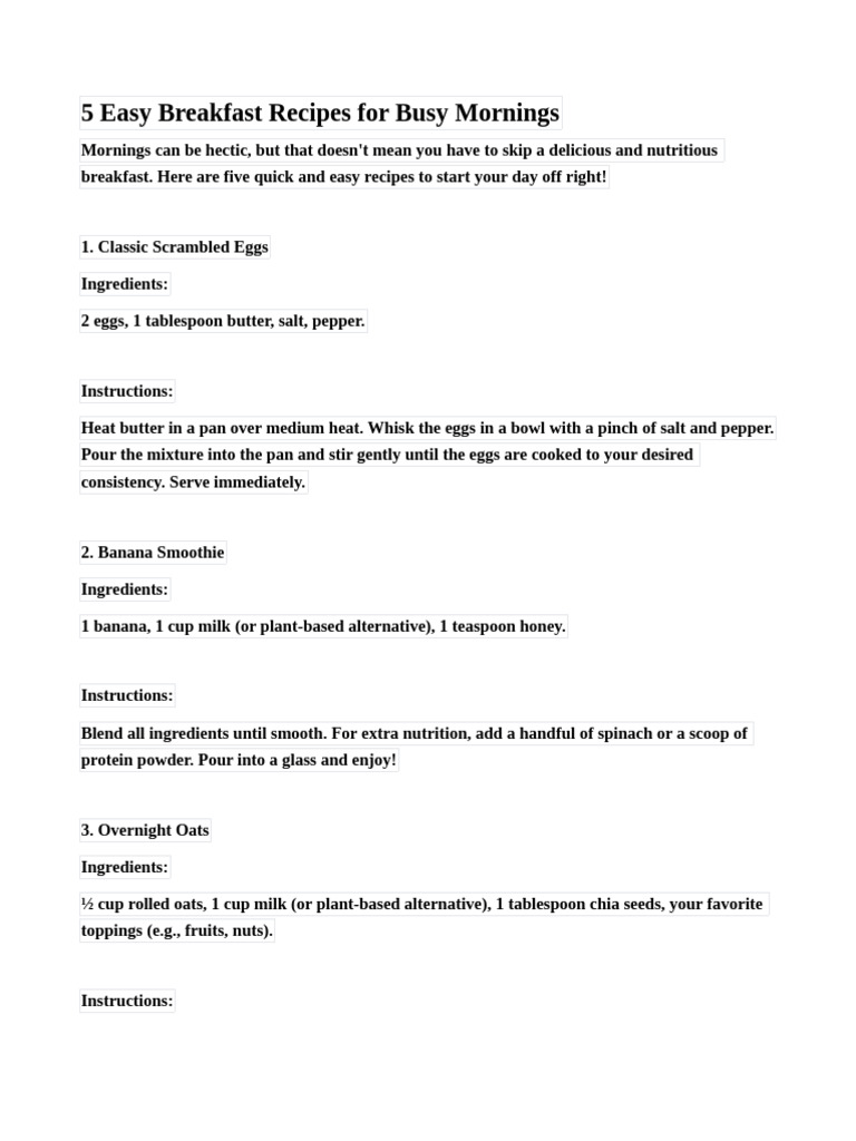 5 Easy Breakfast Recipes For Busy Mornings | PDF