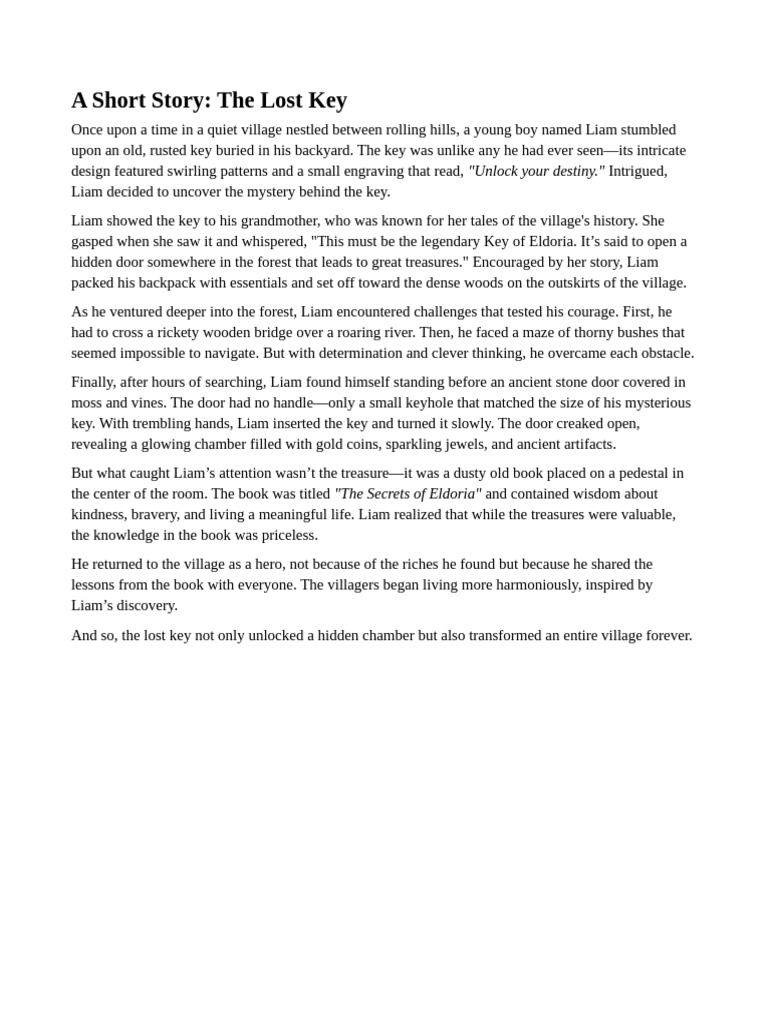 A Short Story The Lost Key | PDF