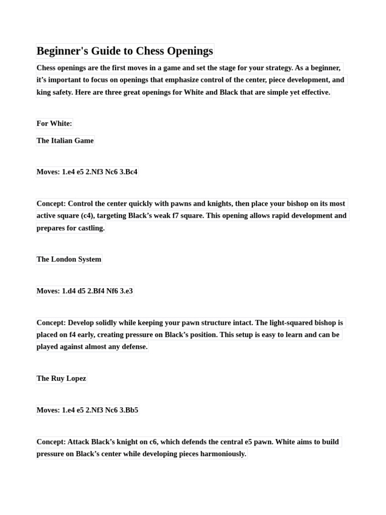 Beginner's Guide To Chess Openings | PDF