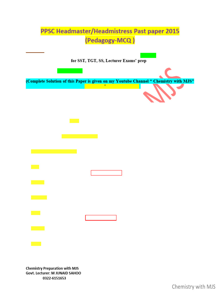 PPSC Headmaster Past Paper 2015 Pedagogy MCQ - | PDF | Teachers | Educational Assessment