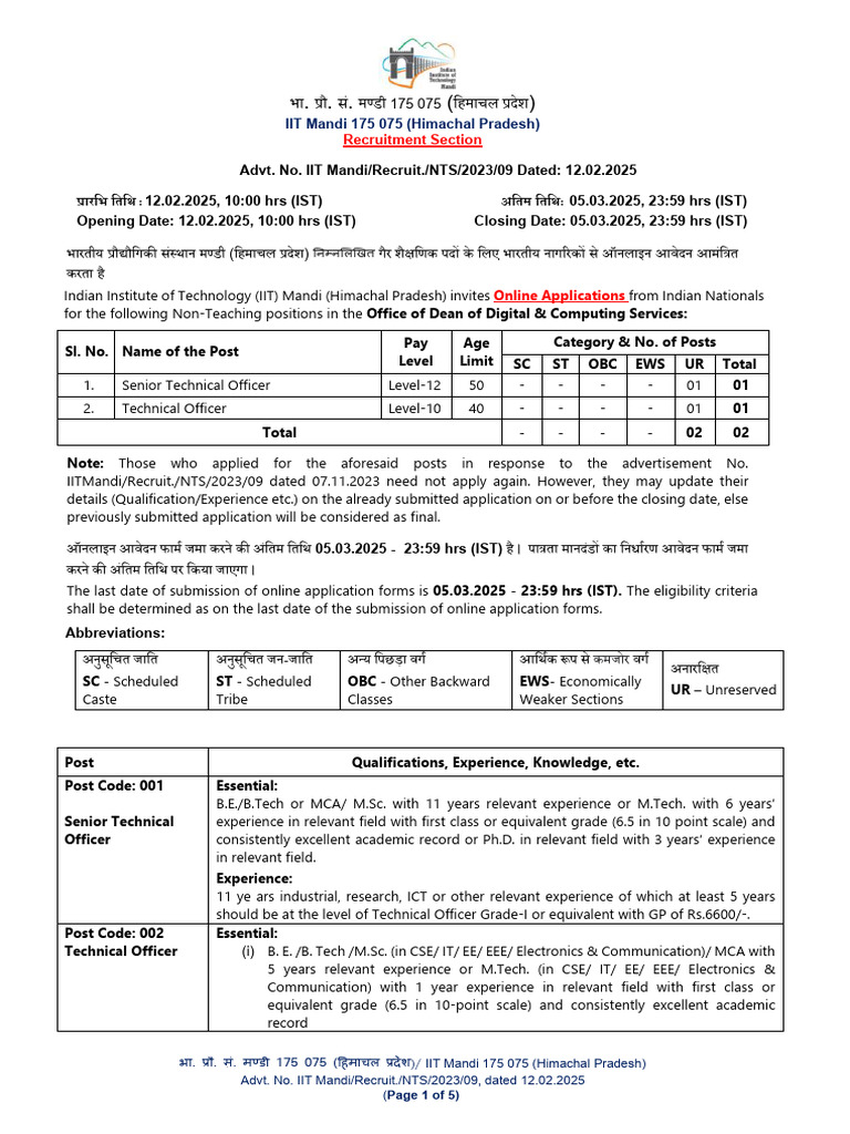 Indian Institute of Technology Mandi (Iit Mandi) Job 4 | PDF