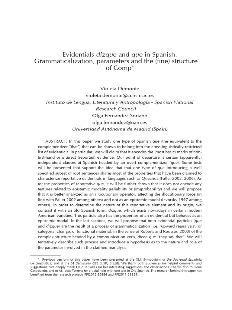 Evidentials Dizque and Que in Spanish GR | PDF | Syntax | Semantics