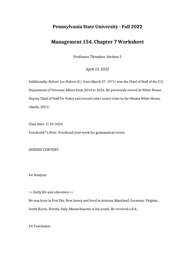 Management 154 Chapter 7 Worksheet | PDF | Office Of Management And ...